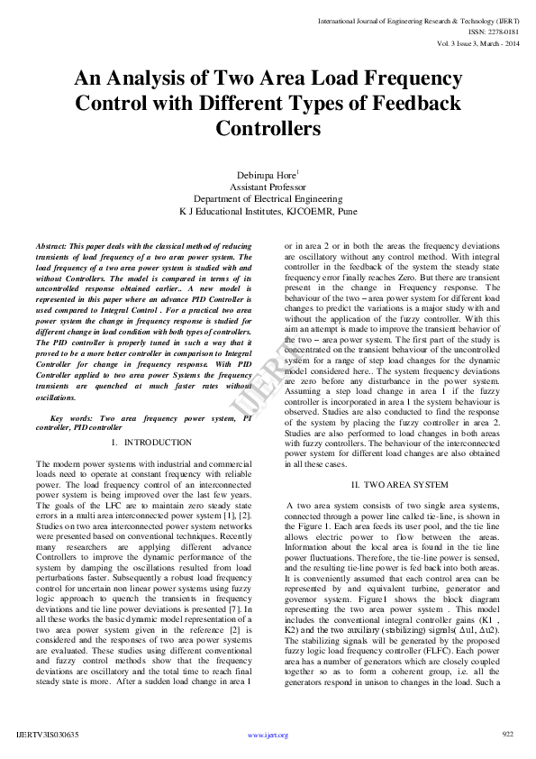 Pdf Ijert An Analysis Of Two Area Load Frequency Control With
