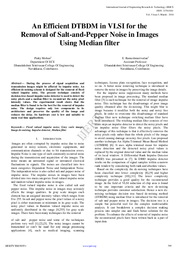(PDF) IJERT-An Efficient DTBDM in VLSI for the Removal of Salt-and-Pepper Noise in Images Using ...
