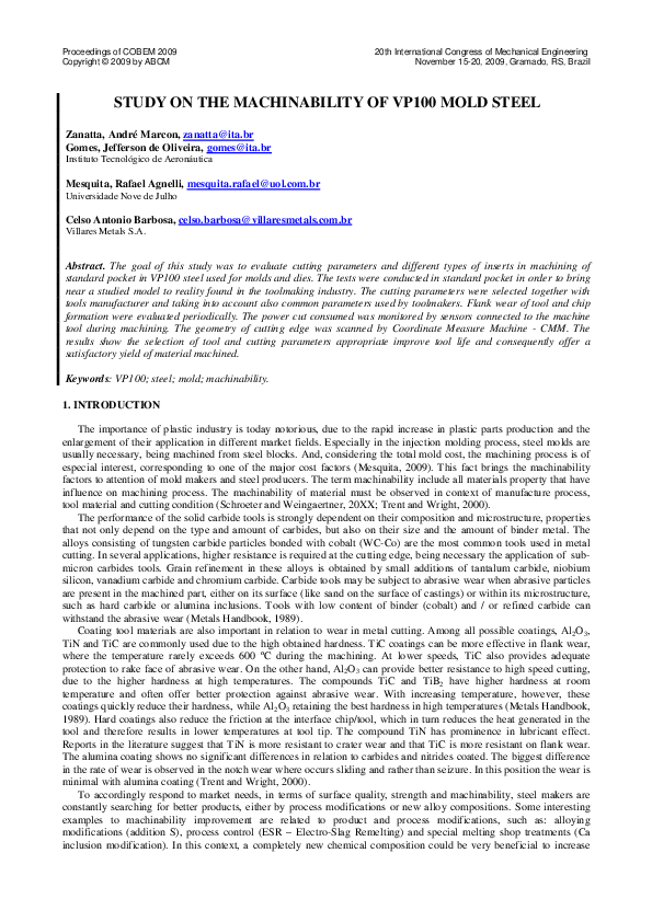 (PDF) Study on the Machinability of VP100 Mold Steel