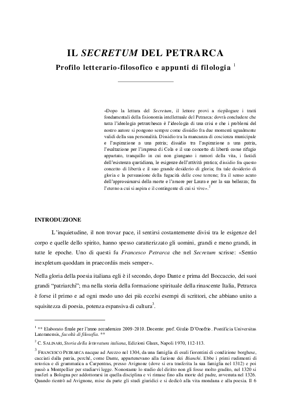 (PDF) Il 'Secretum' del Petrarca. Profilo letterario-filosofico e ...