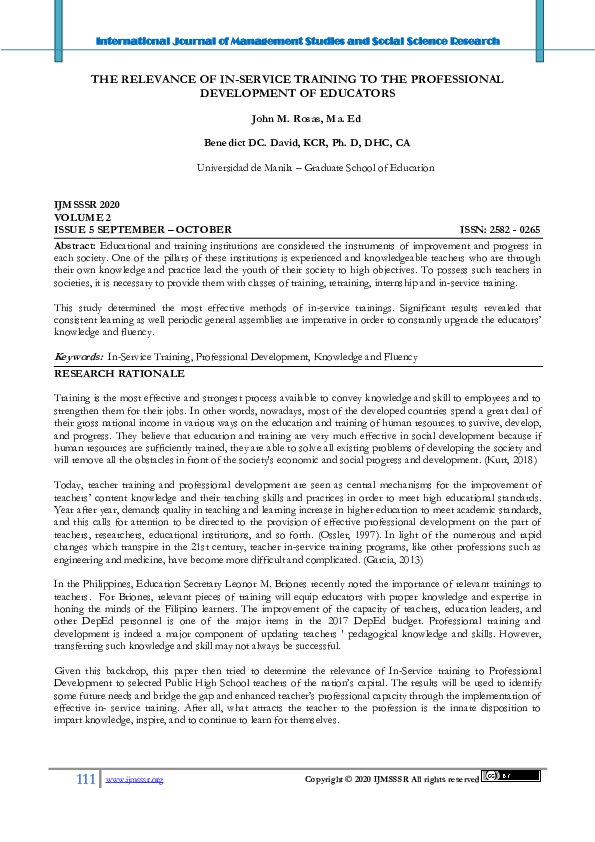 (PDF) THE RELEVANCE OF IN-SERVICE TRAINING TO THE PROFESSIONAL ...