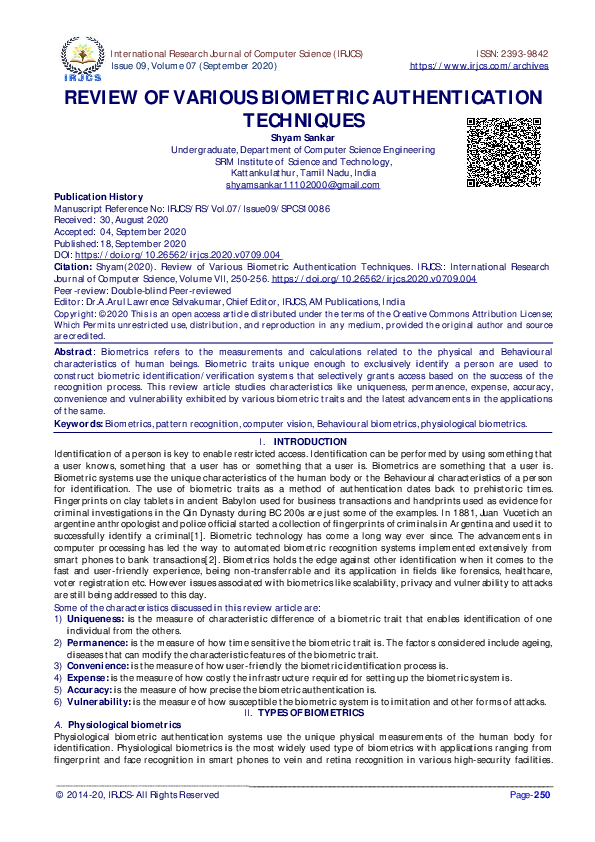 Pdf Review Of Various Biometric Authentication Techniques