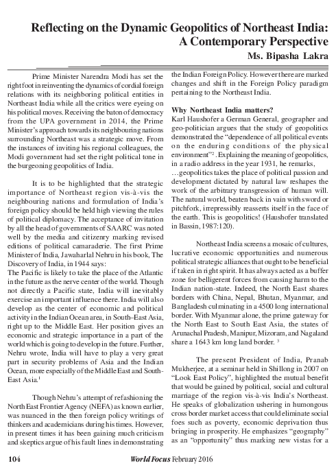 (PDF) Reflecting on the Geopolitics of Northeast India: A Contemporary ...