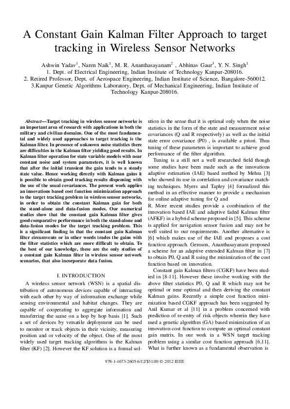 Pdf A Constant Gain Kalman Filter Approach To Target Tracking In Wireless Sensor Networks