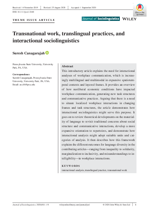 (PDF) Transnational work, translingual practices, and interactional ...