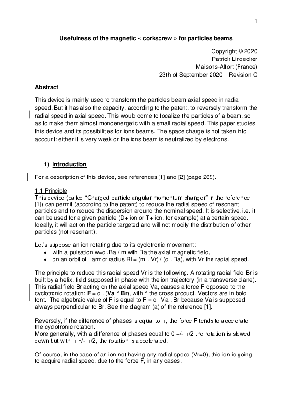 (PDF) Usefulness of the magnetic « corkscrew » for particles beams - Rev C