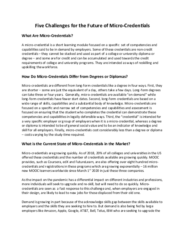 (DOC) Five Challenges for the Future of Micro-Credentials What Are Micro-Credentials