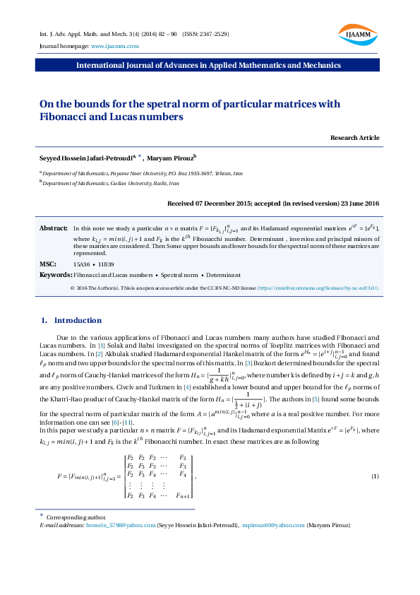 (PDF) On the bounds for the spetral norm of particular matrices with Fibonacci and Lucas numbers