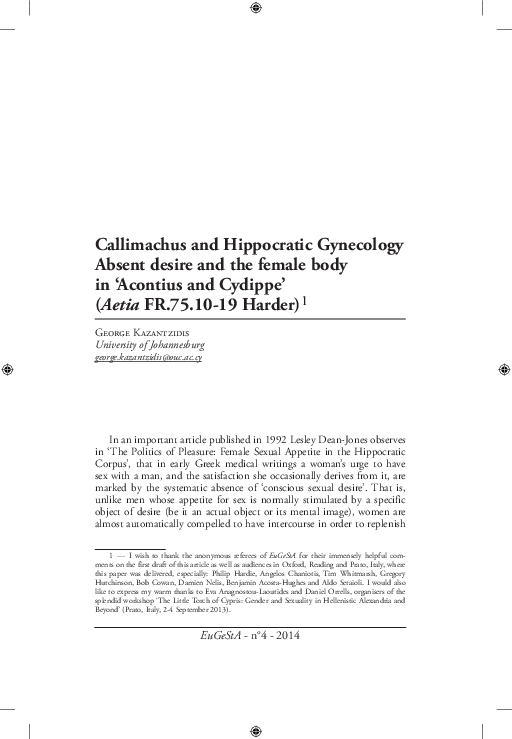 (PDF) Callimachus and Hippocratic Gynecology: Absent Desire and the Female Body in 'Acontius and ...