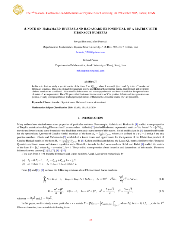 (PDF) A NOTE ON HADAMARD INVERSE AND HADAMARD EXPONENTIAL OF A MATRIX ...