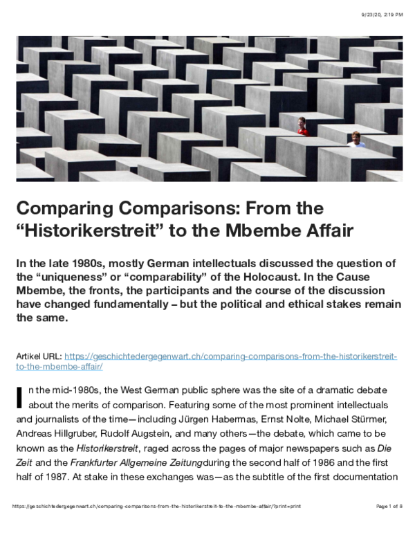 (PDF) Comparing Comparisons: From the 'Historikerstreit' to the Mbembe ...