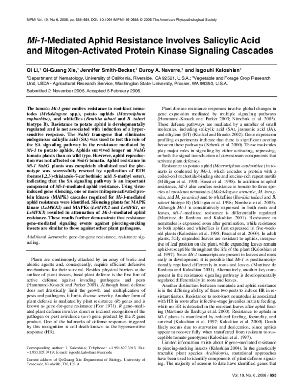 (PDF) Mi-1 -Mediated Aphid Resistance Involves Salicylic Acid and ...