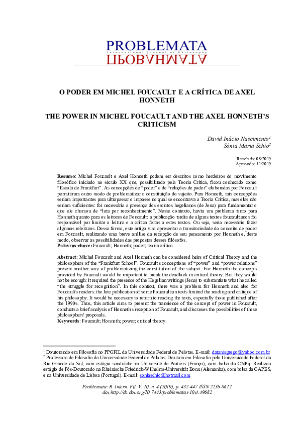 (PDF) O PODER EM MICHEL FOUCAULT E A CRÍTICA DE AXEL HONNETH THE POWER IN MICHEL FOUCAULT AND ...
