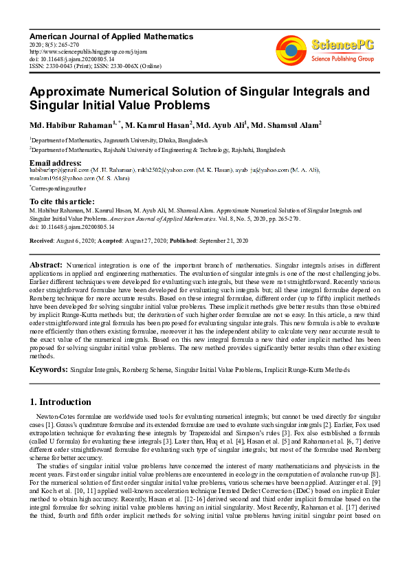 Pdf Approximate Numerical Solution Of Singular Integrals And Singular