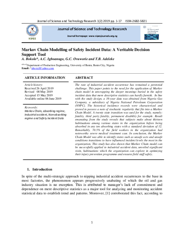 (PDF) Markov Chain Modelling of Safety Incident Data: A Veritable Decision Support Tool