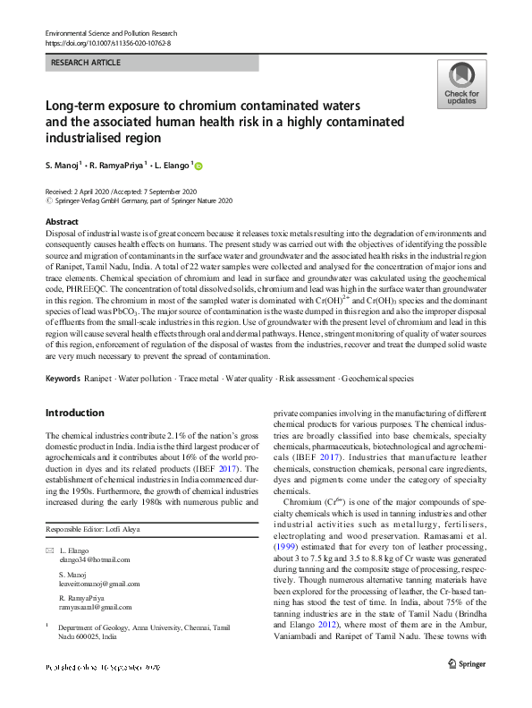 (PDF) Long-term exposure to chromium contaminated waters and the ...