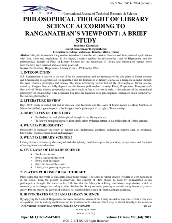(PDF) PHILOSOPHICAL THOUGHT OF LIBRARY SCIENCE ACCORDING TO RANGANATHAN ...