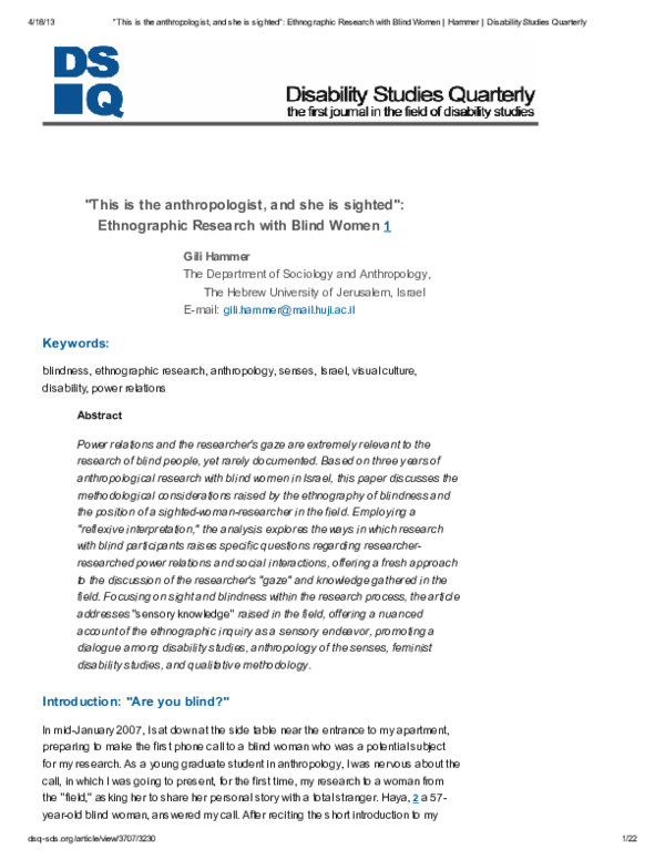 (PDF) “This is the anthropologist, and she is sighted”: Ethnographic Research with Blind Women