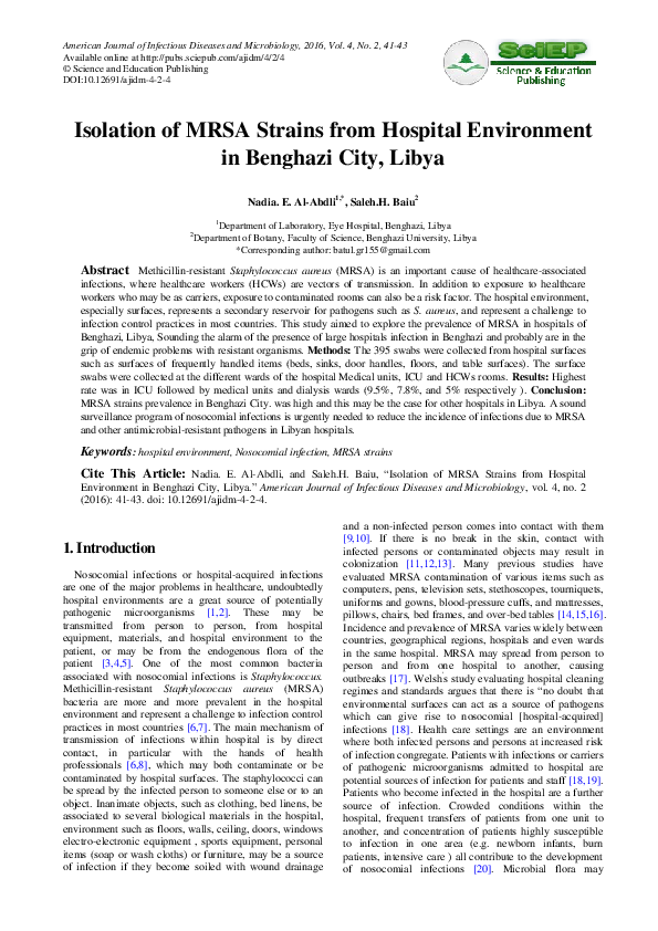 Pdf Isolation Of Mrsa Strains From Hospital Environment In Benghazi City Libya
