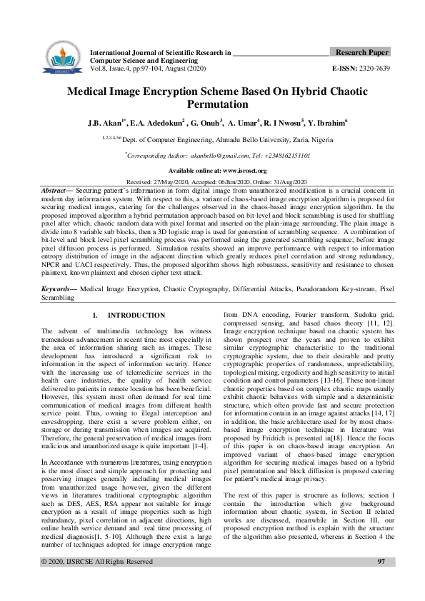 (PDF) Medical Image Encryption Scheme Based On Hybrid Chaotic Permutation