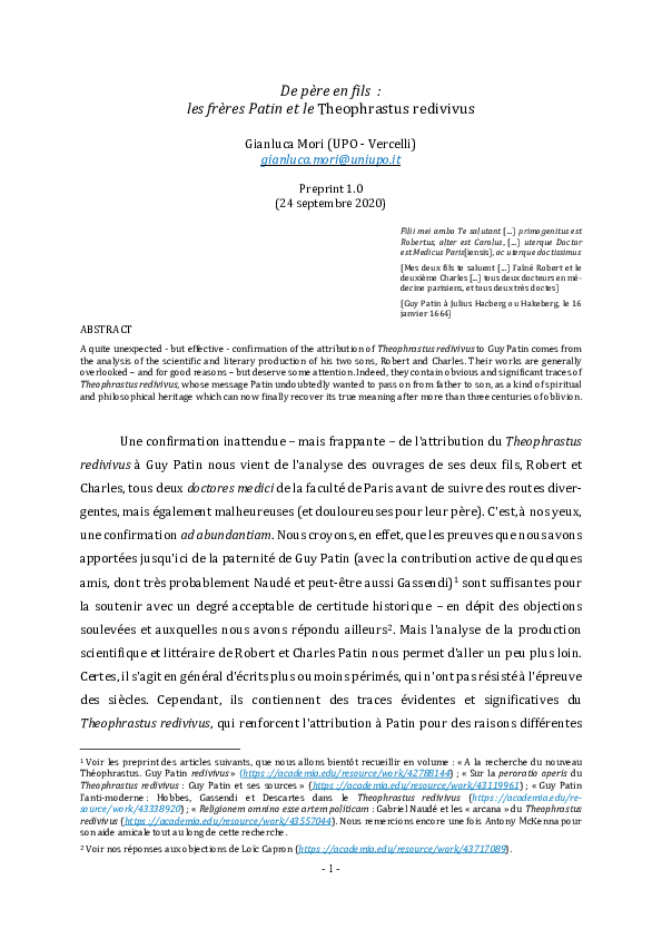 (PDF) De père en fils : les frères Patin et le Theophrastus redivivus
