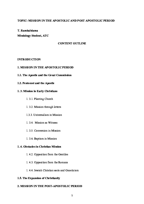 (DOC) TOPIC: MISSION IN THE APOSTOLIC AND POST APOSTOLIC PERIOD T ...