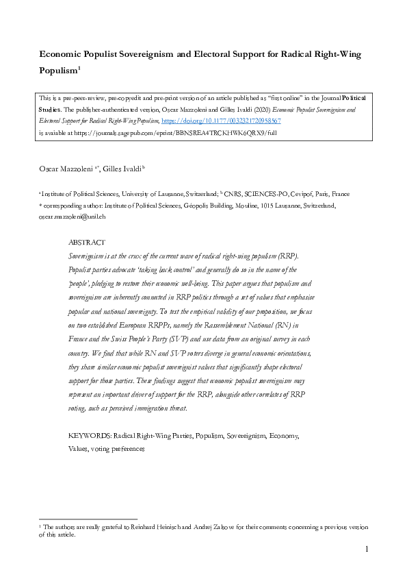 (PDF) Economic Populist Sovereignism and Electoral Support for Radical ...