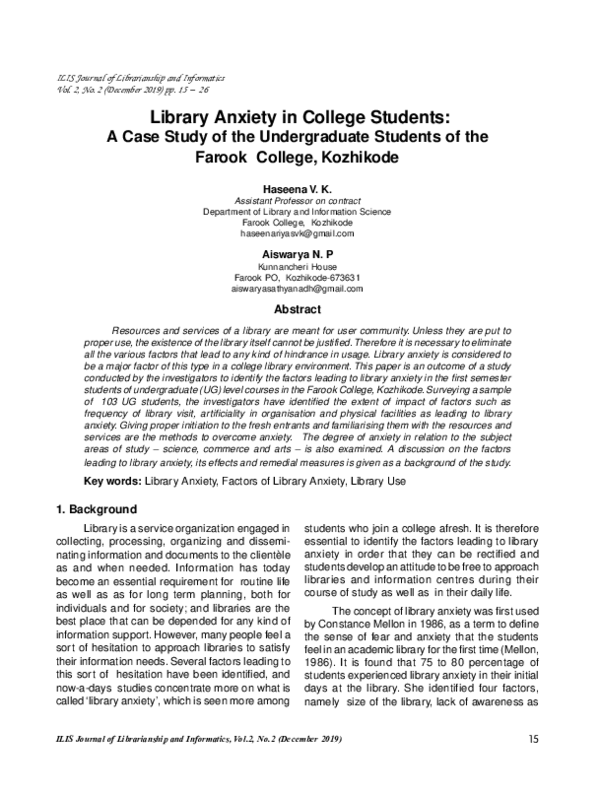 (PDF) Library Anxiety in College Students: A Case Study of the ...