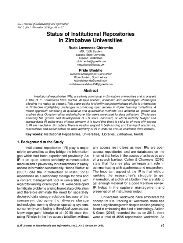(PDF) Status of Institutional Repositories in Zimbabwe Universities