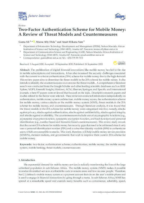 Pdf Review Of 2fa Threats And Solutions For Mobile Money