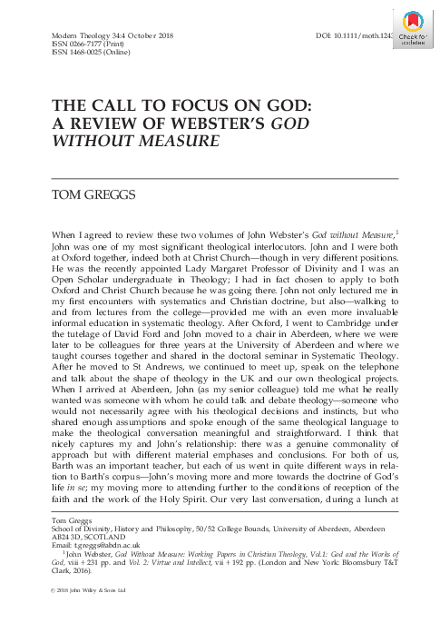 (PDF) The Call to Focus on God: A Review of Webster's God Without Measure