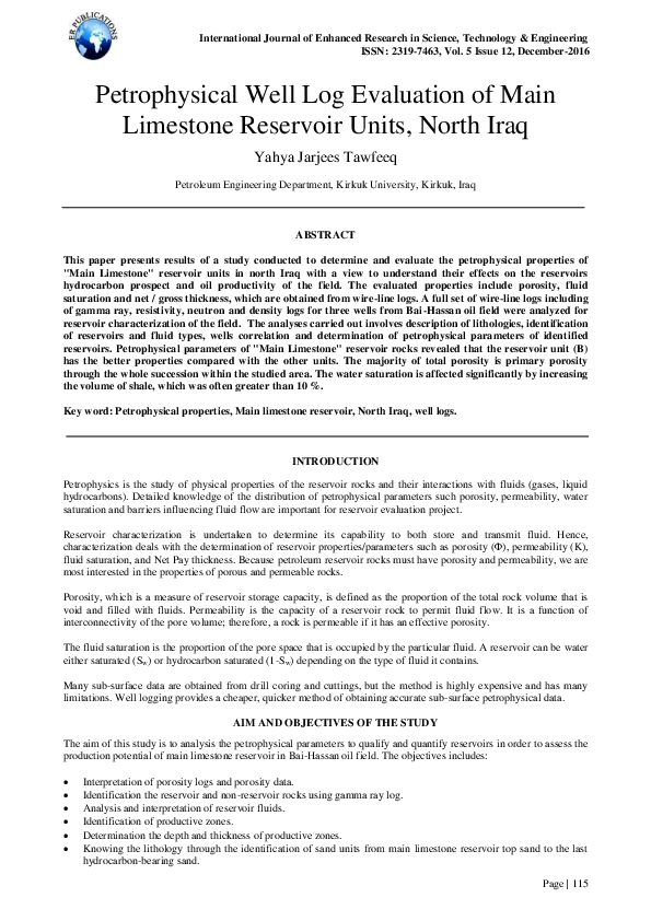 (PDF) Petrophysical Well Log Evaluation of Main Limestone Reservoir ...