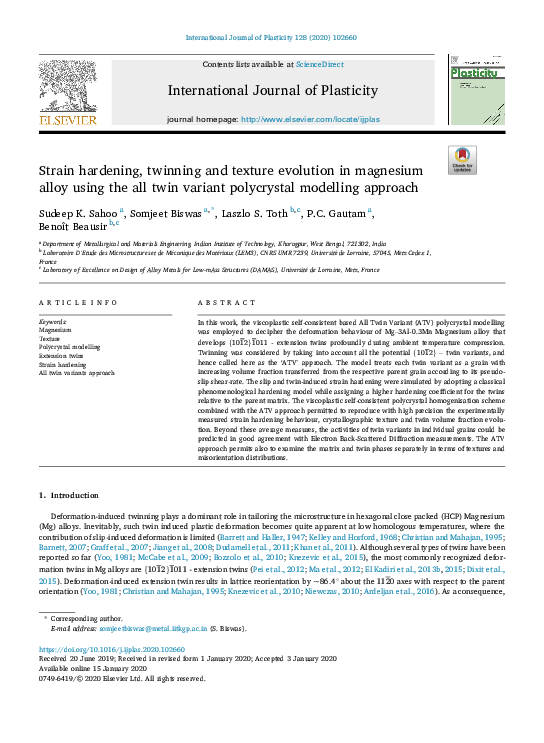 (PDF) Strain hardening, twinning and texture evolution in magnesium alloy using the all twin ...
