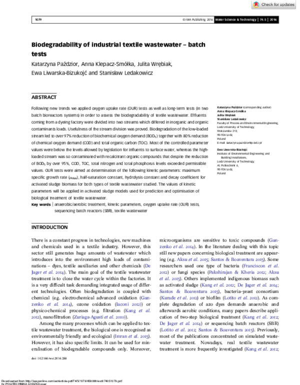 (PDF) Biodegradability of industrial textile wastewater -batch tests