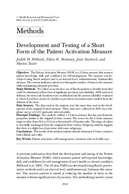 (PDF) Development and Testing of a Short Form of the Patient Activation ...