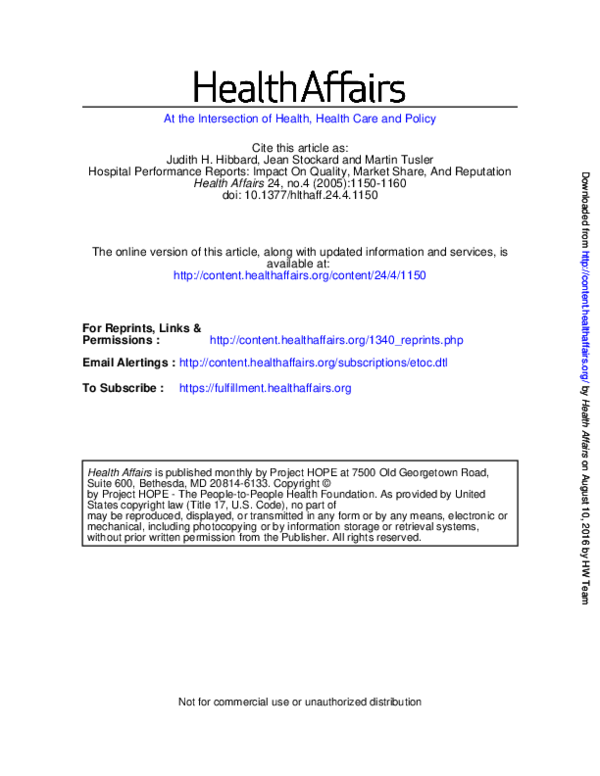 (PDF) Hospital Performance Reports: Impact On Quality, Market Share ...