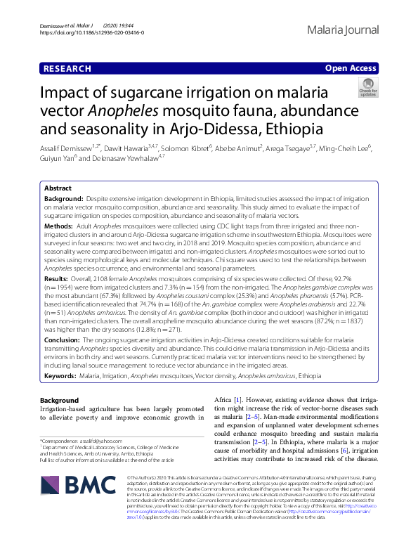(PDF) Impact of sugarcane irrigation on malaria vector Anopheles mosquito fauna, abundance and ...