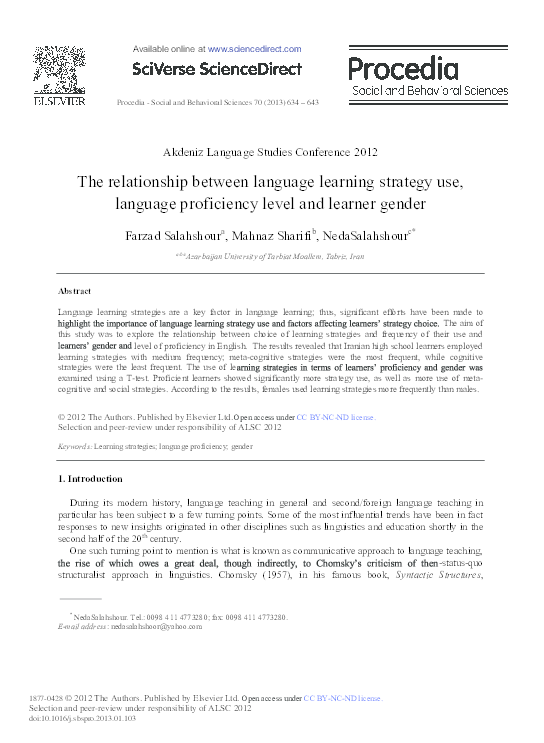 Pdf The Relationship Between Language Learning Strategy Use Language Proficiency Level And
