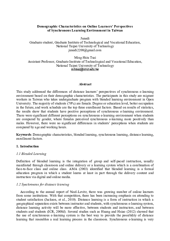 Doc Demographic Characteristics On Online Learners Perspectives Of Synchronous Learning