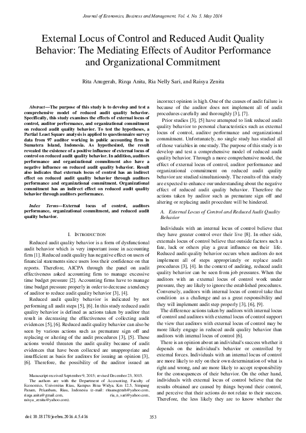 (PDF) External Locus of Control and Reduced Audit Quality Behavior: The Mediating Effects of ...