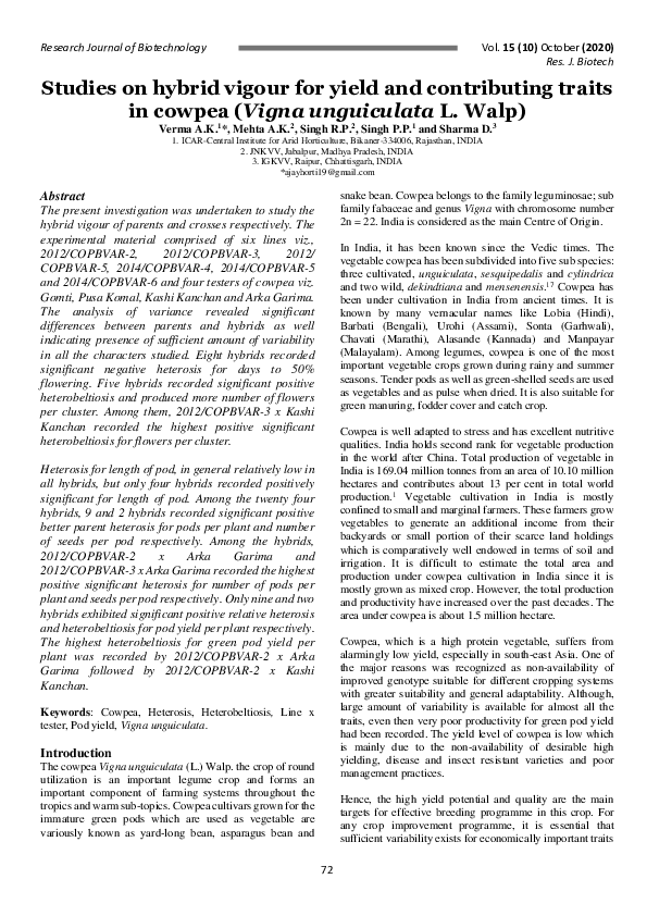 (PDF) Studies on hybrid vigour for yield and contributing traits in cowpea (Vigna unguiculata L ...