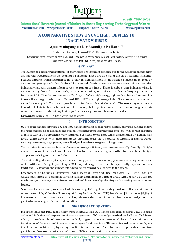(PDF) A COMPARATIVE STUDY ON UVC LIGHT DEVICES TO INACTIVATE VIRUSES ...