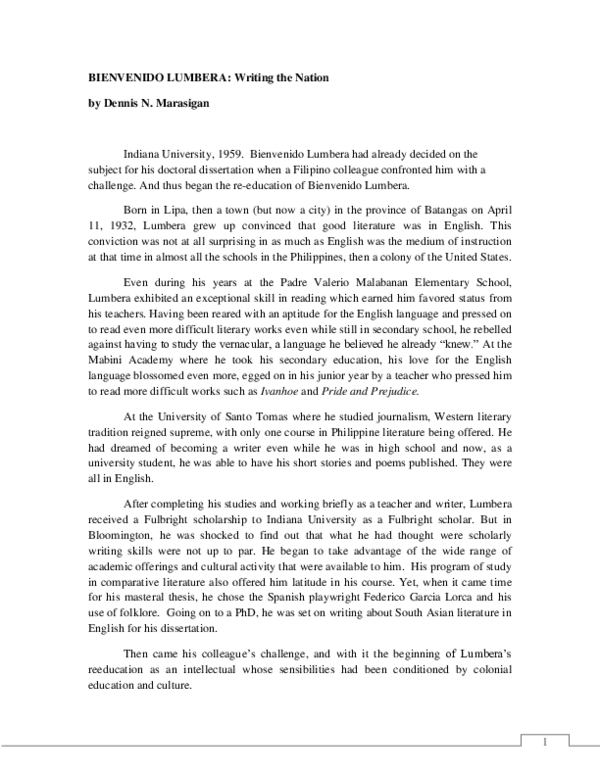 (PDF) BIENVENIDO LUMBERA: Writing the Nation