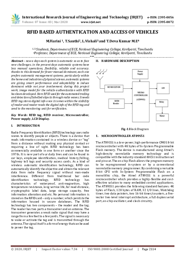 (PDF) IRJET- RFID BASED AUTHENTICATION AND ACCESS OF VEHICLES