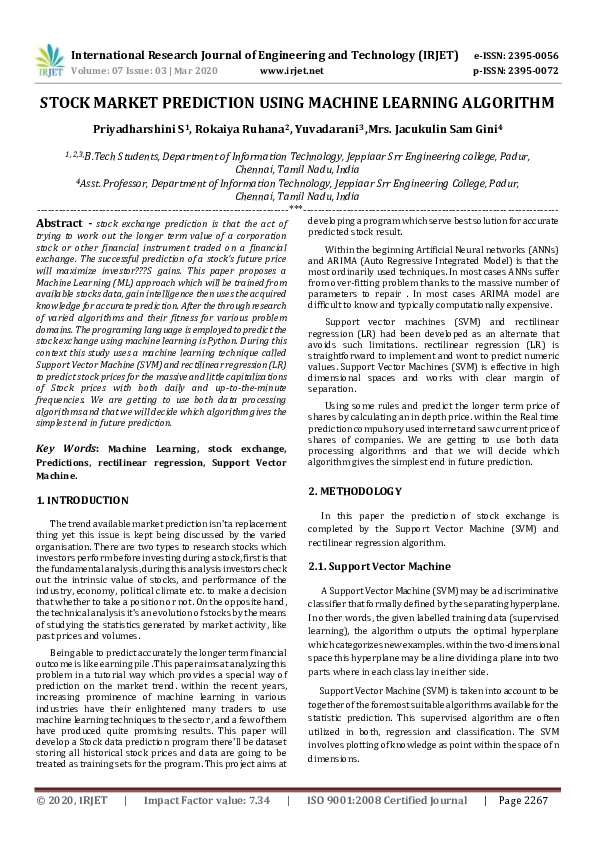 Pdf Irjet Stock Market Prediction Using Machine Learning Algorithm