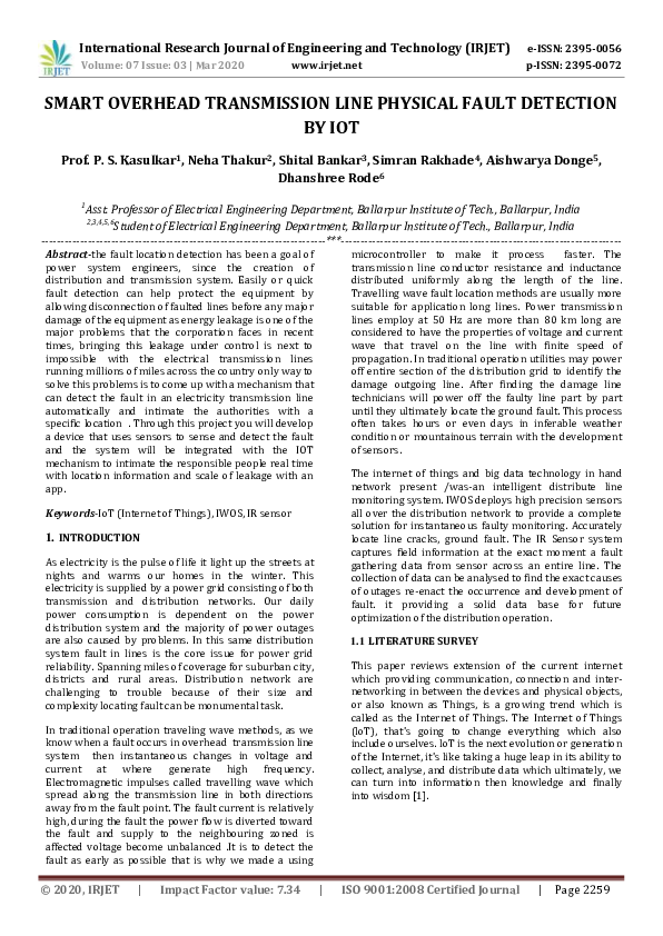 Pdf Irjet Smart Overhead Transmission Line Physical Fault Detection By Iot