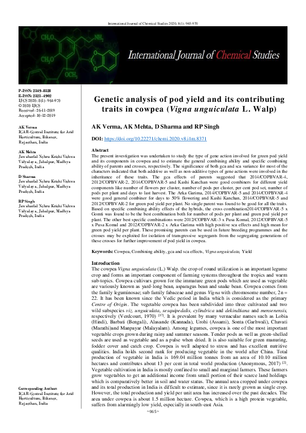 Pdf Genetic Analysis Of Pod Yield And Its Contributing Traits In