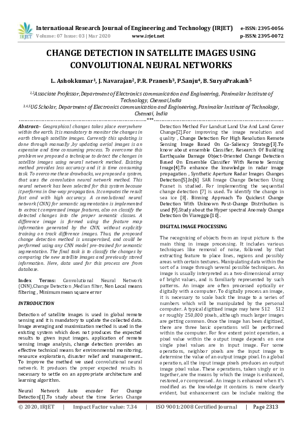 (PDF) CHANGE DETECTION IN SATELLITE IMAGES USING CONVOLUTIONAL NEURAL NETWORKS