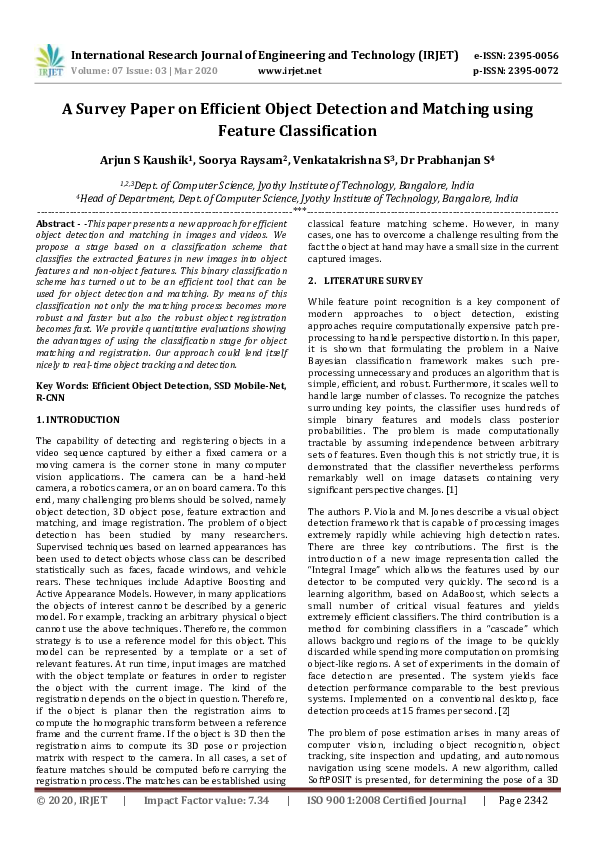 Pdf Irjet A Survey Paper On Efficient Object Detection And Matching Using Feature Classification