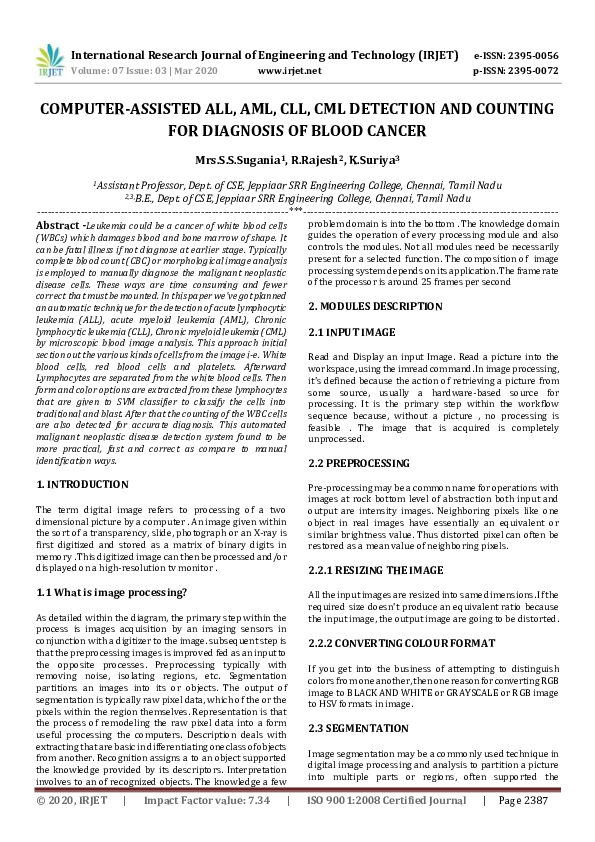 (PDF) IRJET- COMPUTER-ASSISTED ALL, AML, CLL, CML DETECTION AND COUNTING FOR DIAGNOSIS OF BLOOD ...